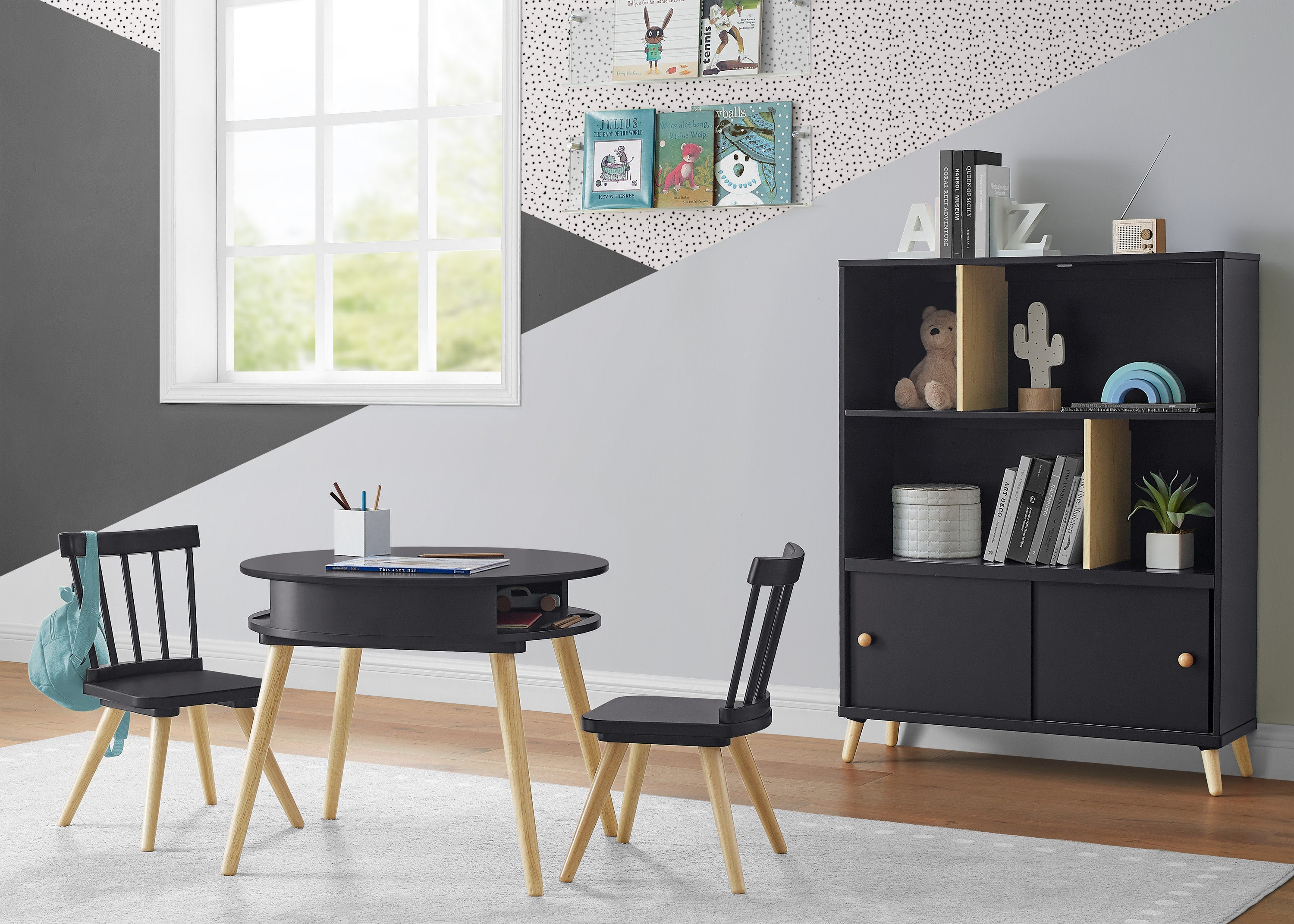 Delta Children Hudson Bookcase Midnight Grey Natural Midnight Grey
